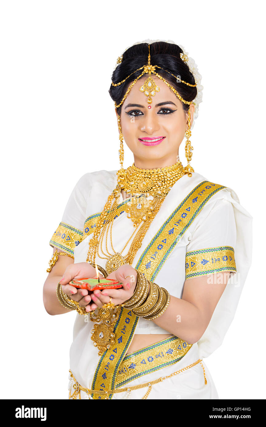 1 Beautiful Adult Bride Malayalee Woman Diwali Diya Hands-cupped ...