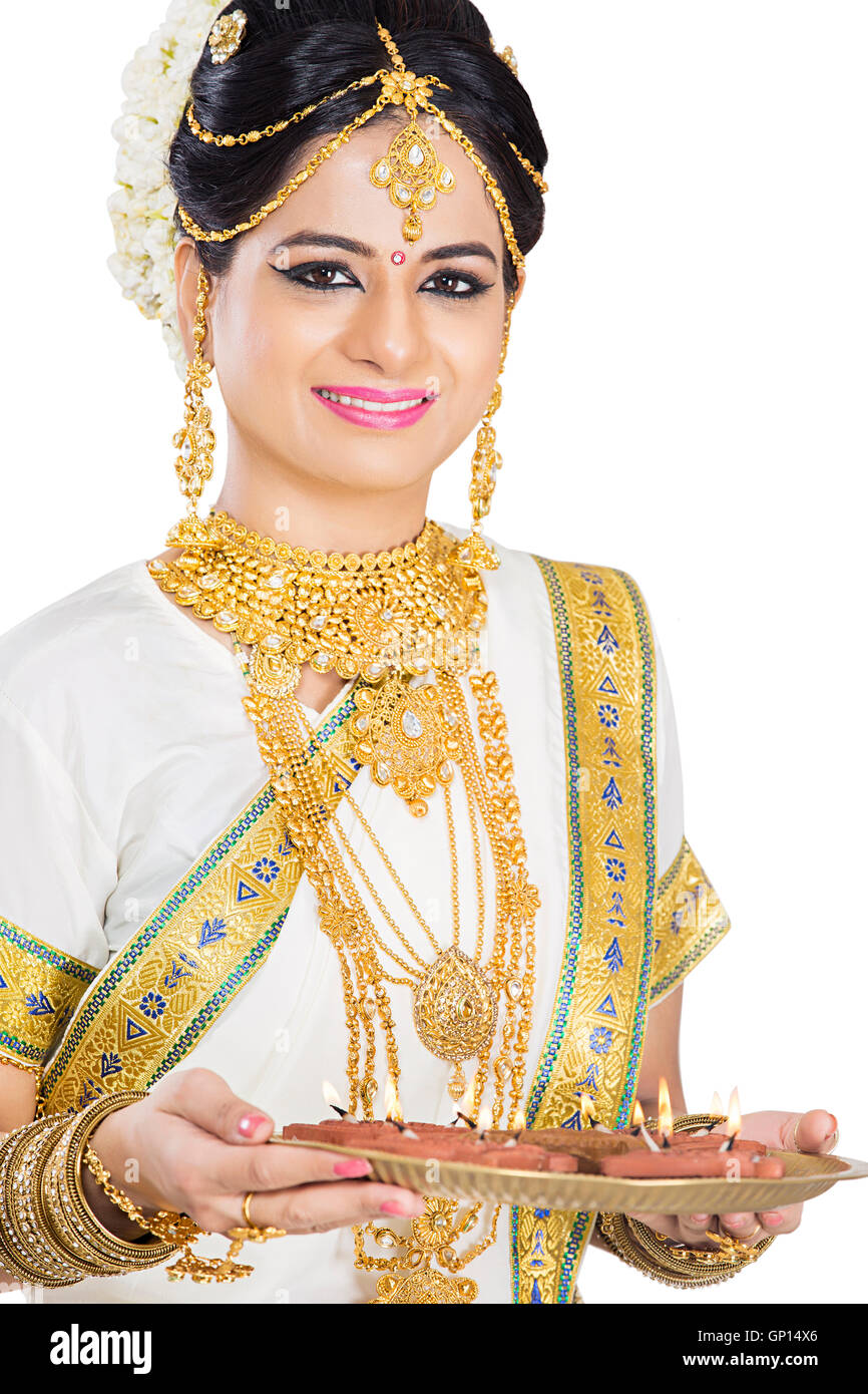 1 Beautiful Adult Bride Malayalee Woman Diwali Diya plate Worship Stock ...