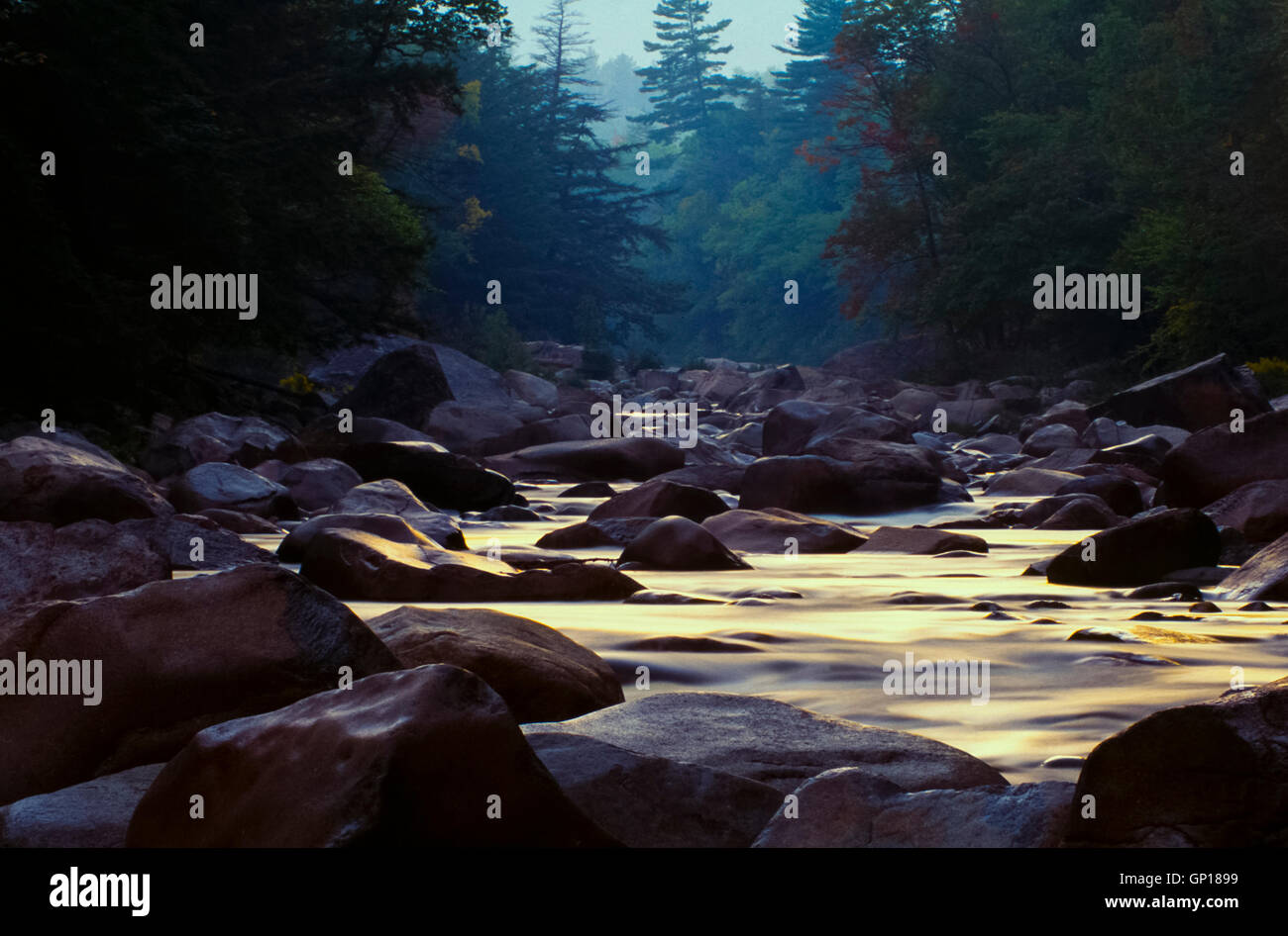 White Mountains, New Hampshire swift river in the early morning Stock ...