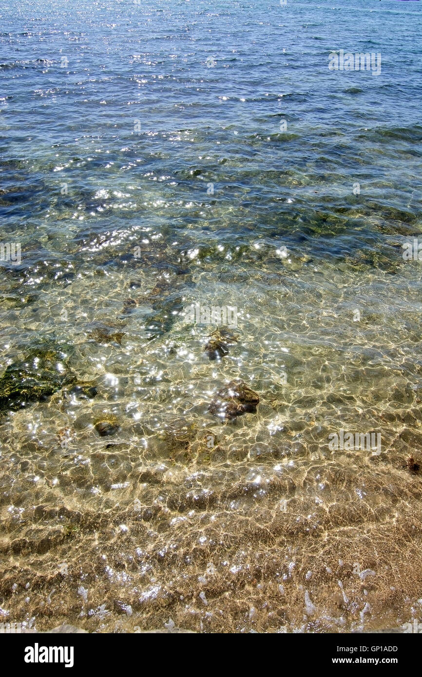Green shallow water with sandy bottom and sun glitter in Mallorca ...