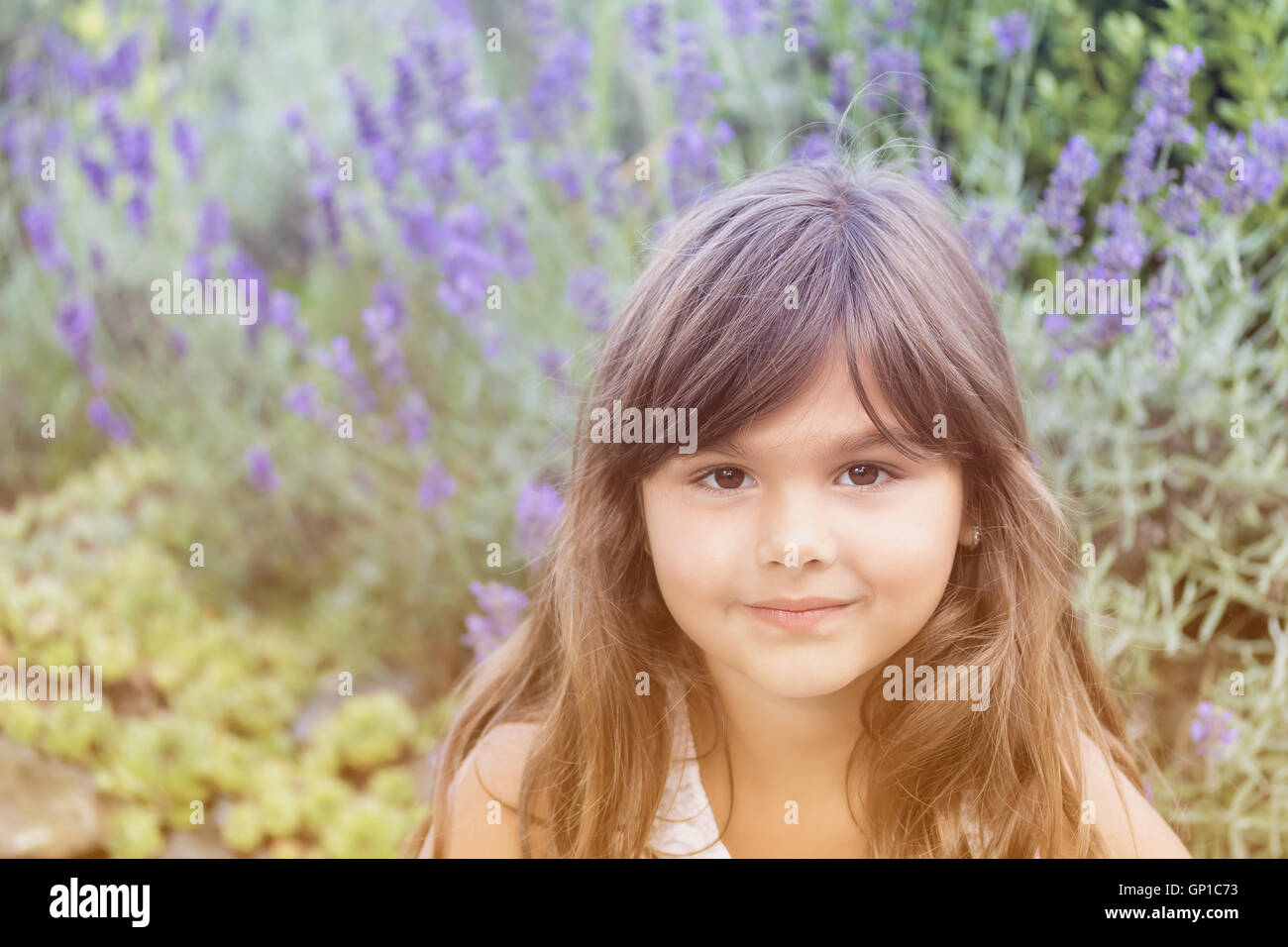 Portrait of attractive little girl outdoors in the sunlight. Blooming lavender are in the ...