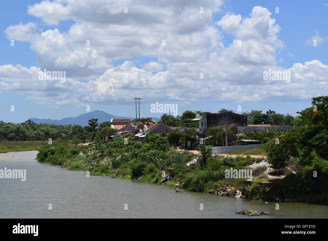rural houses village near the river bank of vietnamese countryside in ...