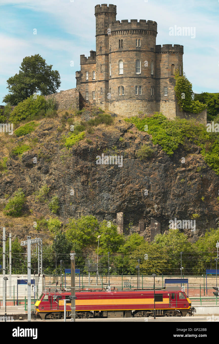 Antique tower and train line in Edinburgh, Scotland. UK. Vertical Stock ...