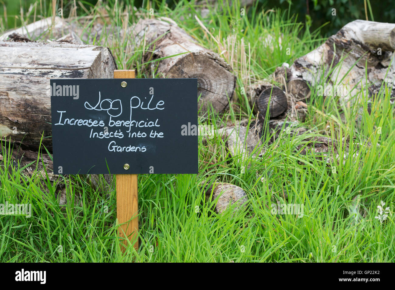 Log Pile sign at Ryton Organic gardens, Warwickshire, England Stock ...