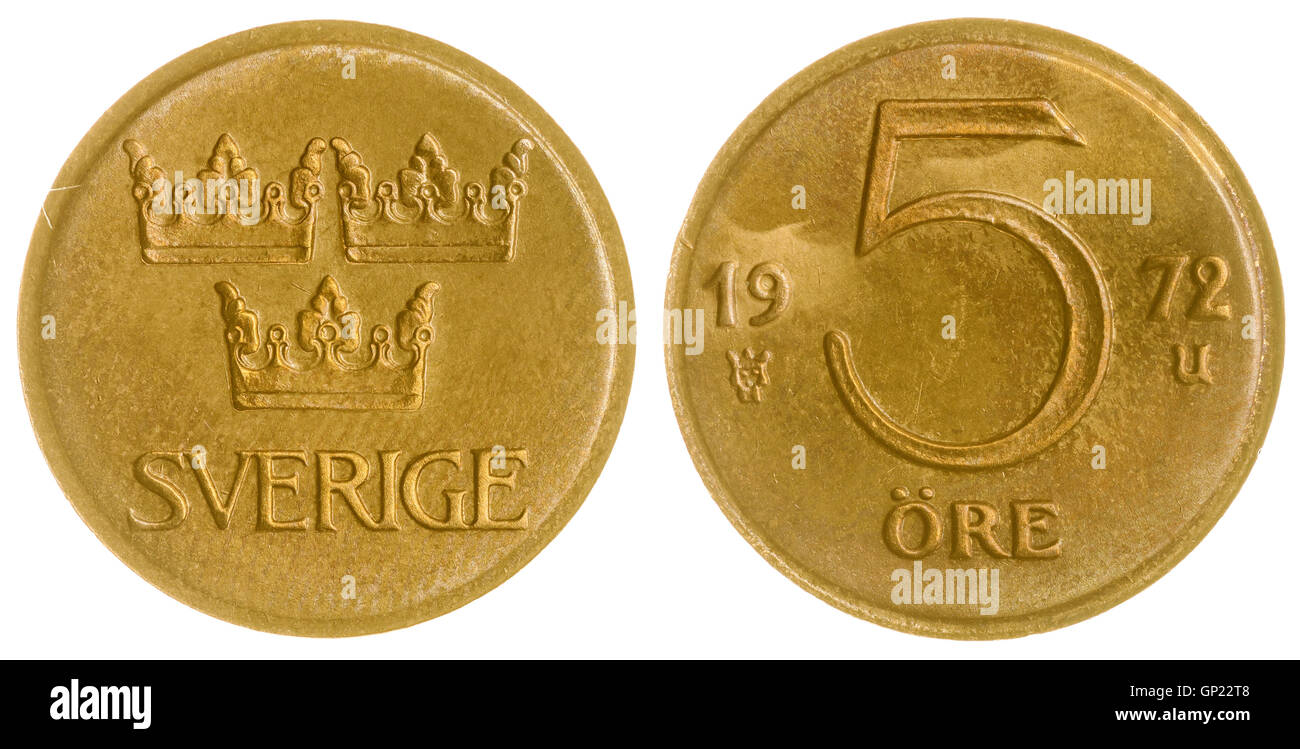 Bronze 5 ore 1972 coin isolated on white background, Sweden Stock Photo ...