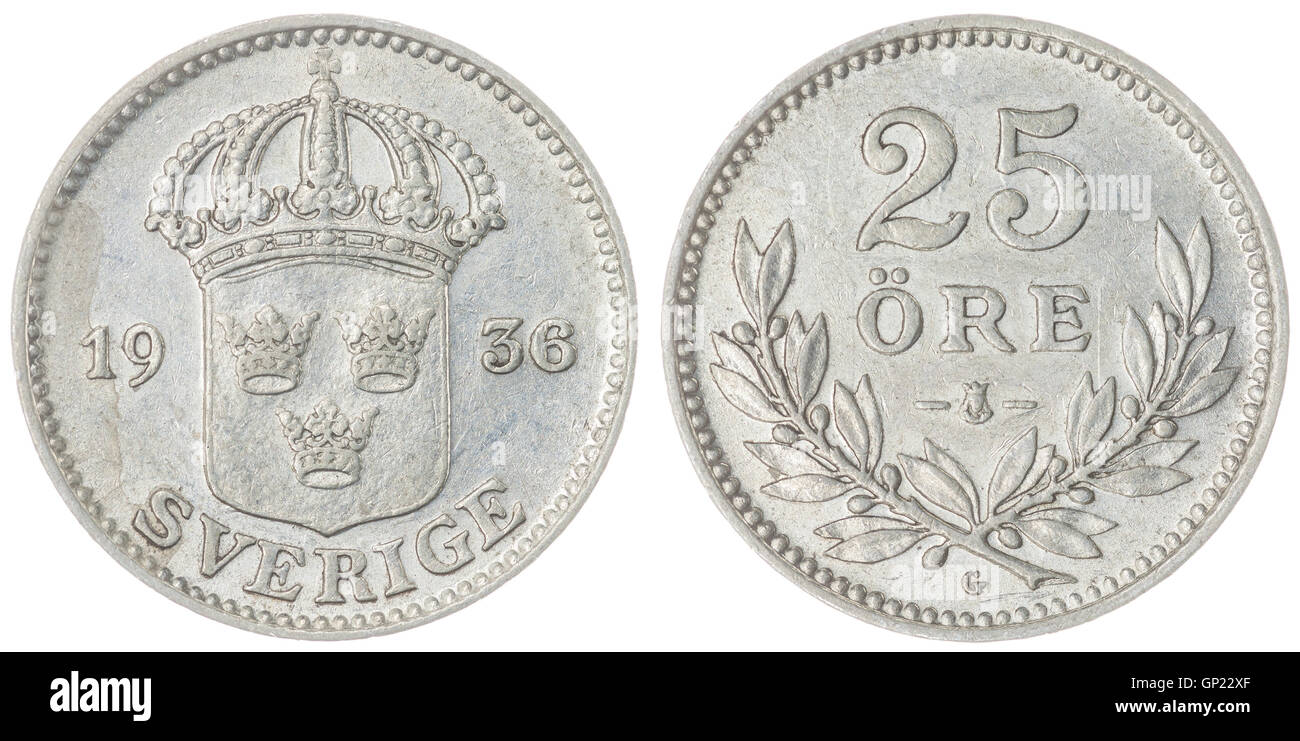 Silver 25 ore 1936 coin isolated on white background, Sweden Stock ...