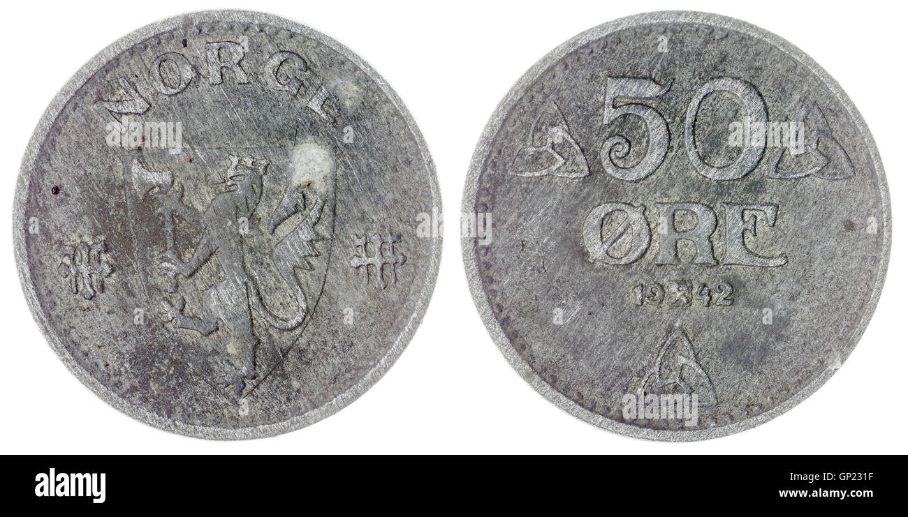 Zinc 50 ore 1942 coin isolated on white background, Norway Stock Photo ...