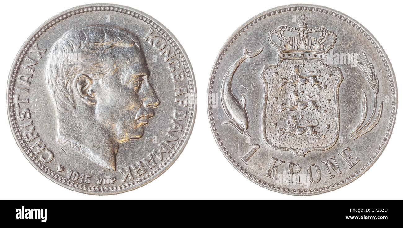 Silver 1 krone 1915 coin isolated on white background, Denmark Stock ...