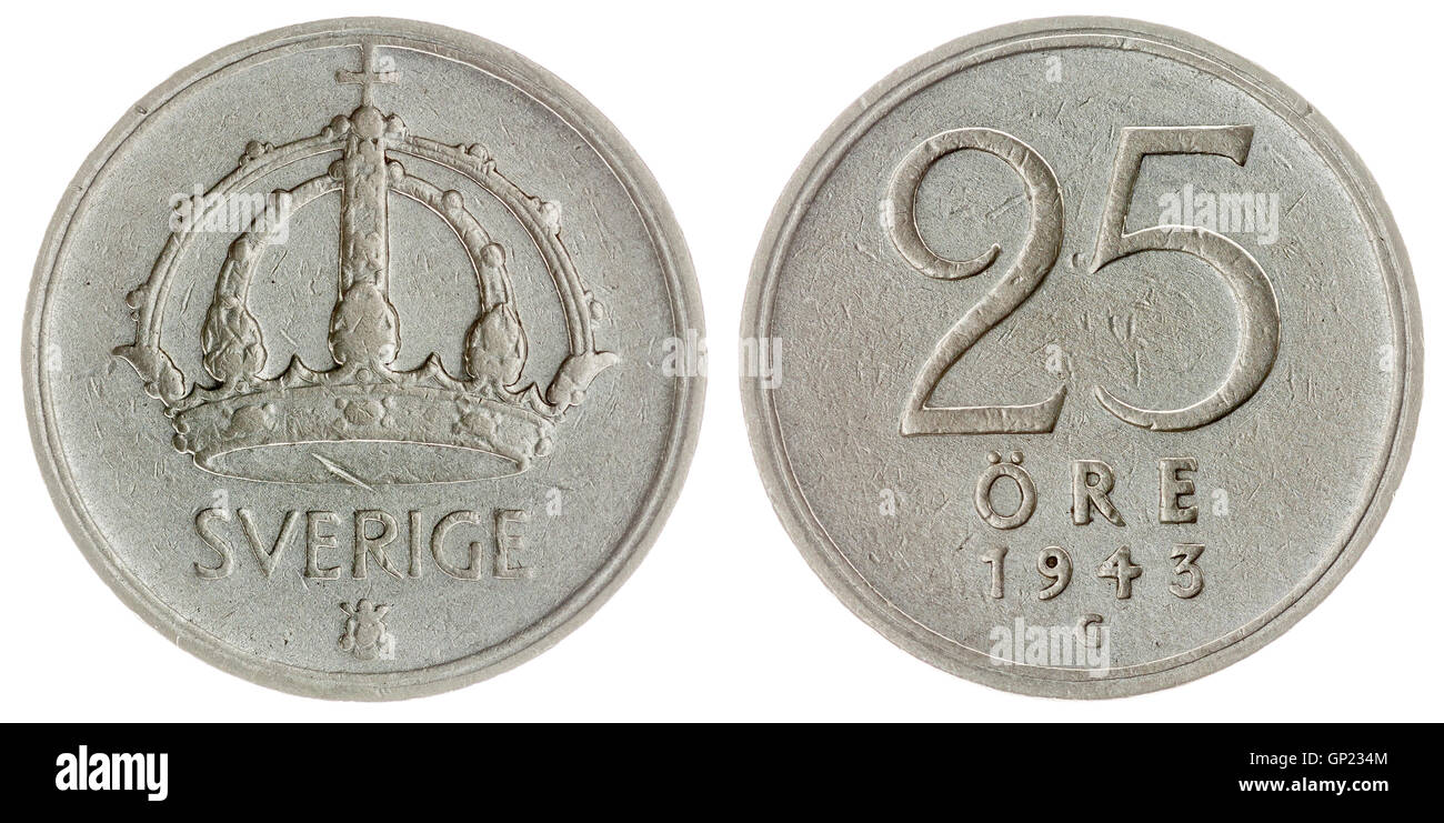 Silver 25 ore 1943 coin isolated on white background, Sweden Stock ...