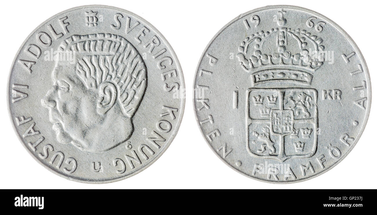 Silver 1 krone 1966 coin isolated on white background, Sweden Stock ...
