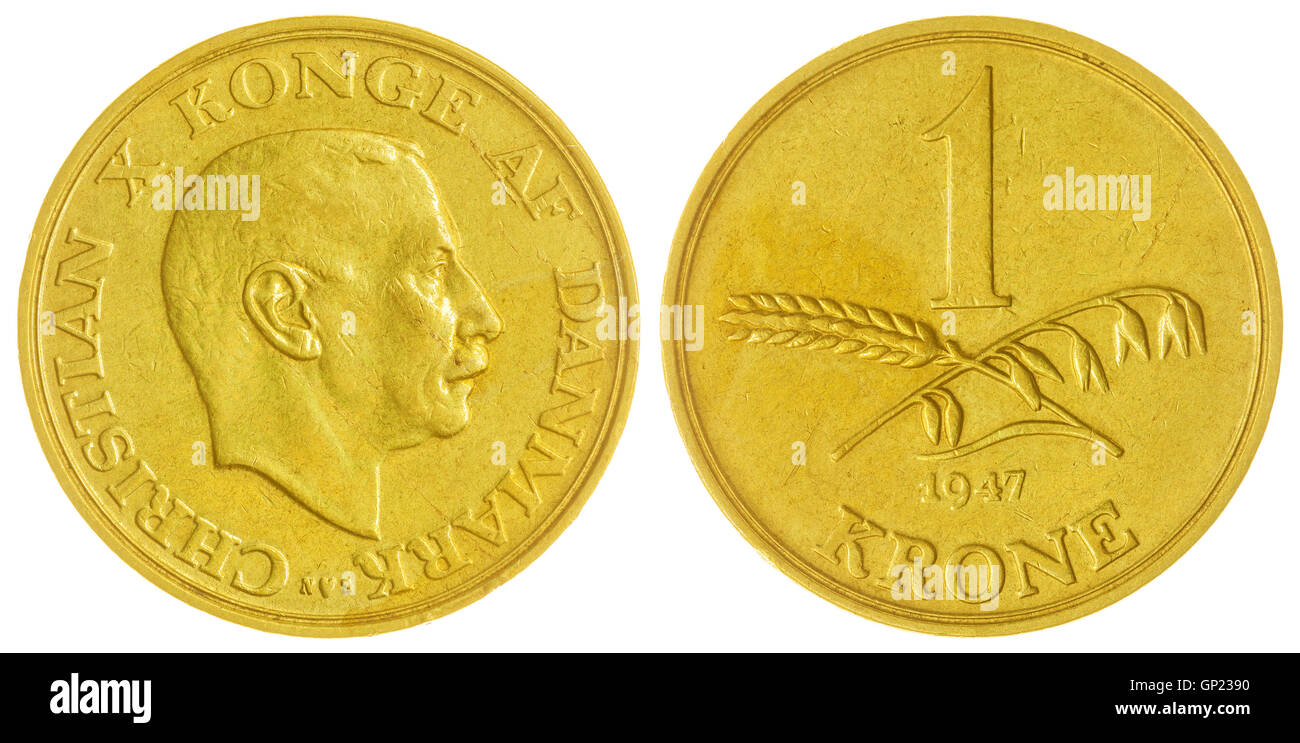 Aluminum-Bronze 1 krone 1947 coin isolated on white background, Denmark ...