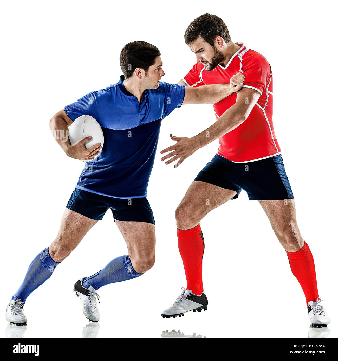 two caucasian rugby players men studio isolated on white background ...