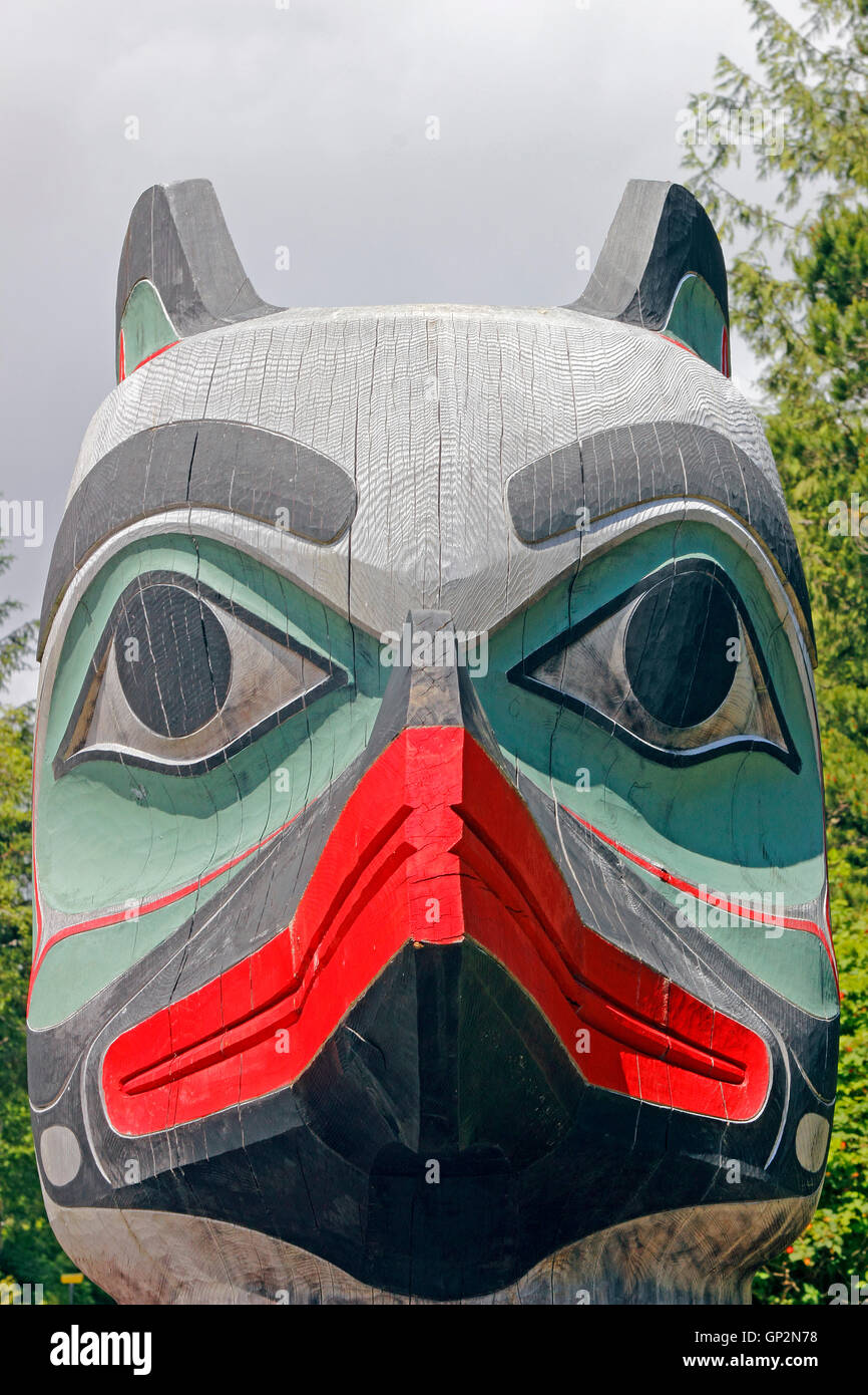 Carved cedar Tlingit totem pole detail Saxman Totem Park Ketchikan ...