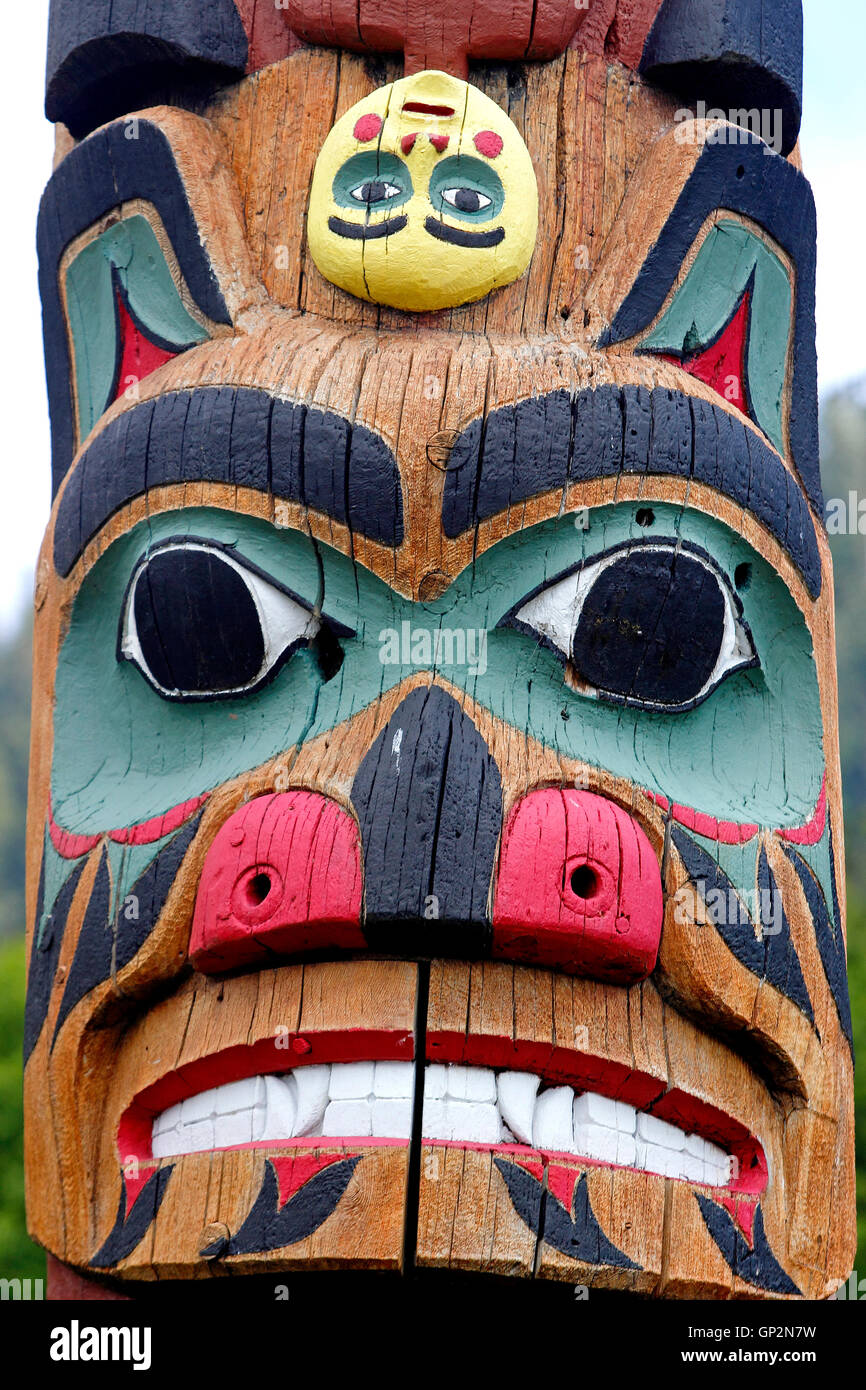 Carved cedar Tlingit totem pole detail Saxman Totem Park Ketchikan ...
