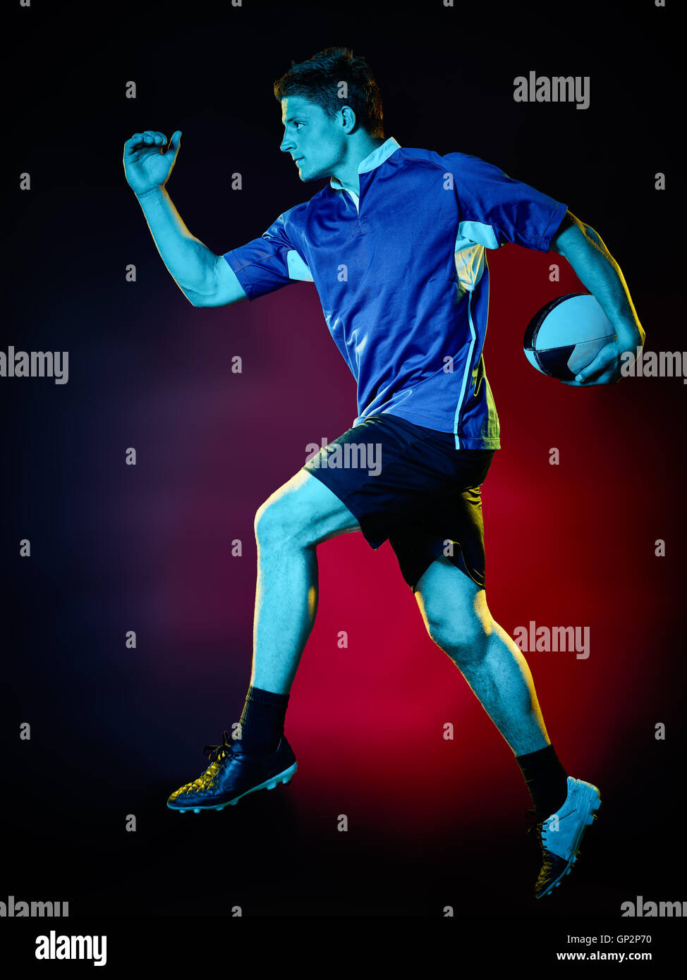 one caucasian rugby man player on colorful black background Stock Photo ...
