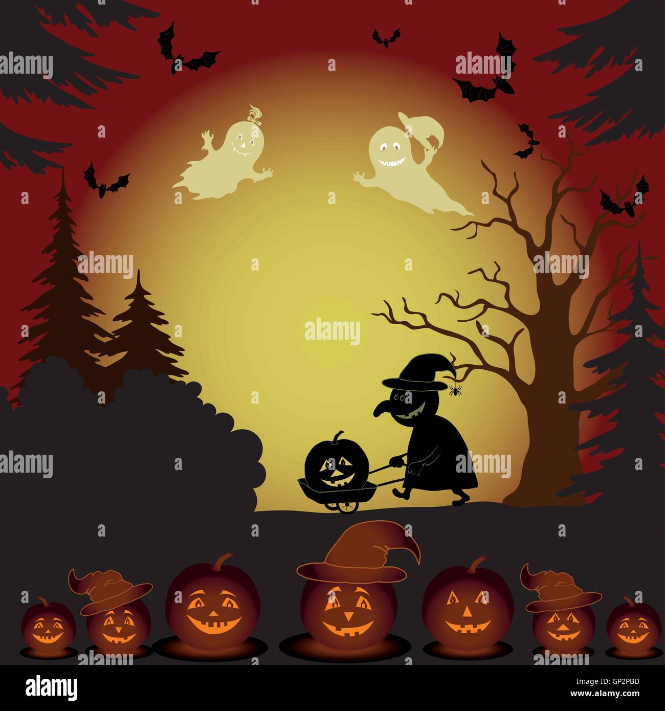 Halloween landscape, ghosts, pumpkins and witch Stock Vector Image ...