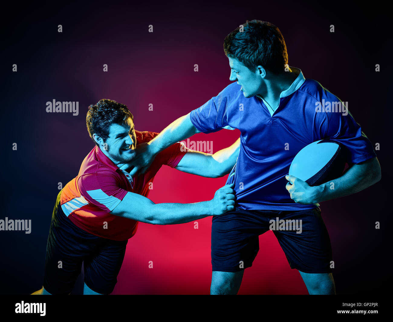 two caucasian rugby men players on colorful black background Stock ...