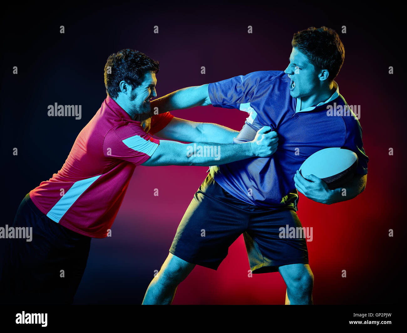 two caucasian rugby men players on colorful black background Stock ...