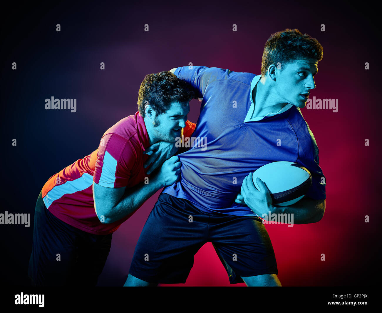 two caucasian rugby men players on colorful black background Stock ...
