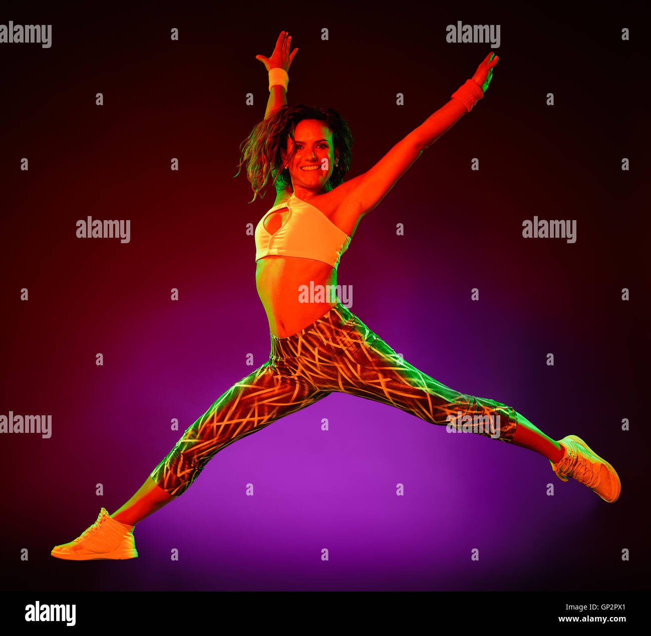 one caucasian woman zumba dancer dancing fitness exercises isolated on ...