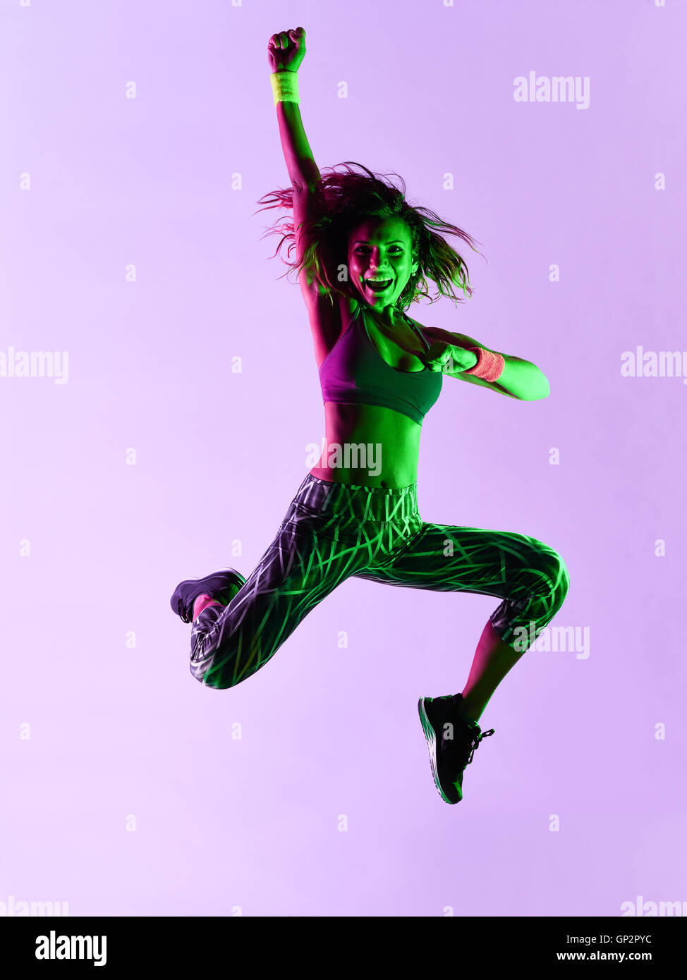 one caucasian woman zumba dancer dancing fitness exercises isolated on ...