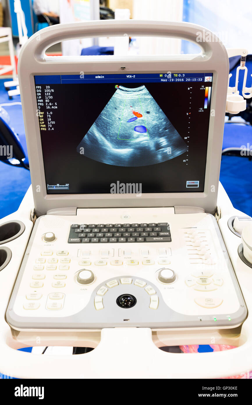 Modern echocardiography (ultrasound) machine monitor. Colour image. New ...