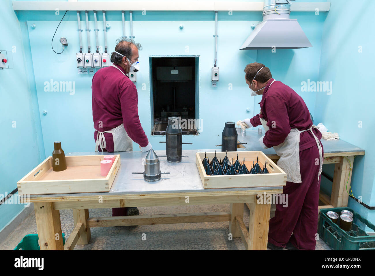 Sopot, Bulgaria - May 17, 2016: Arsenal workers are producing RPG head ...