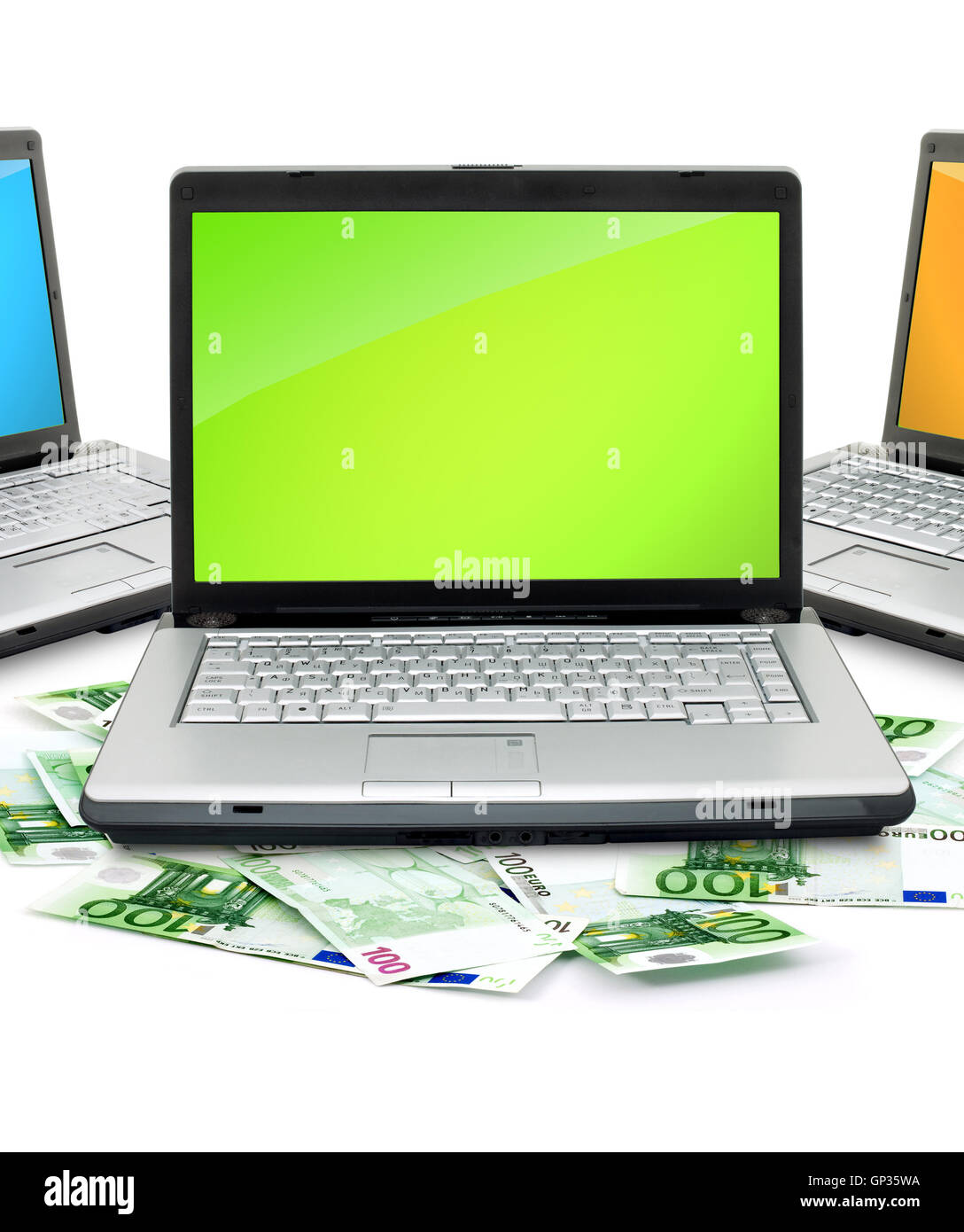 Open laptop with money Stock Photo - Alamy
