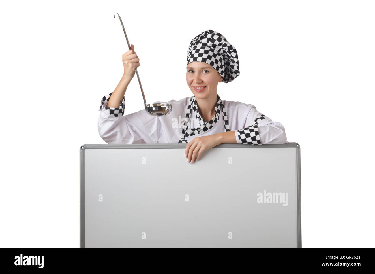 Cook with ladle and blank board Stock Photo - Alamy
