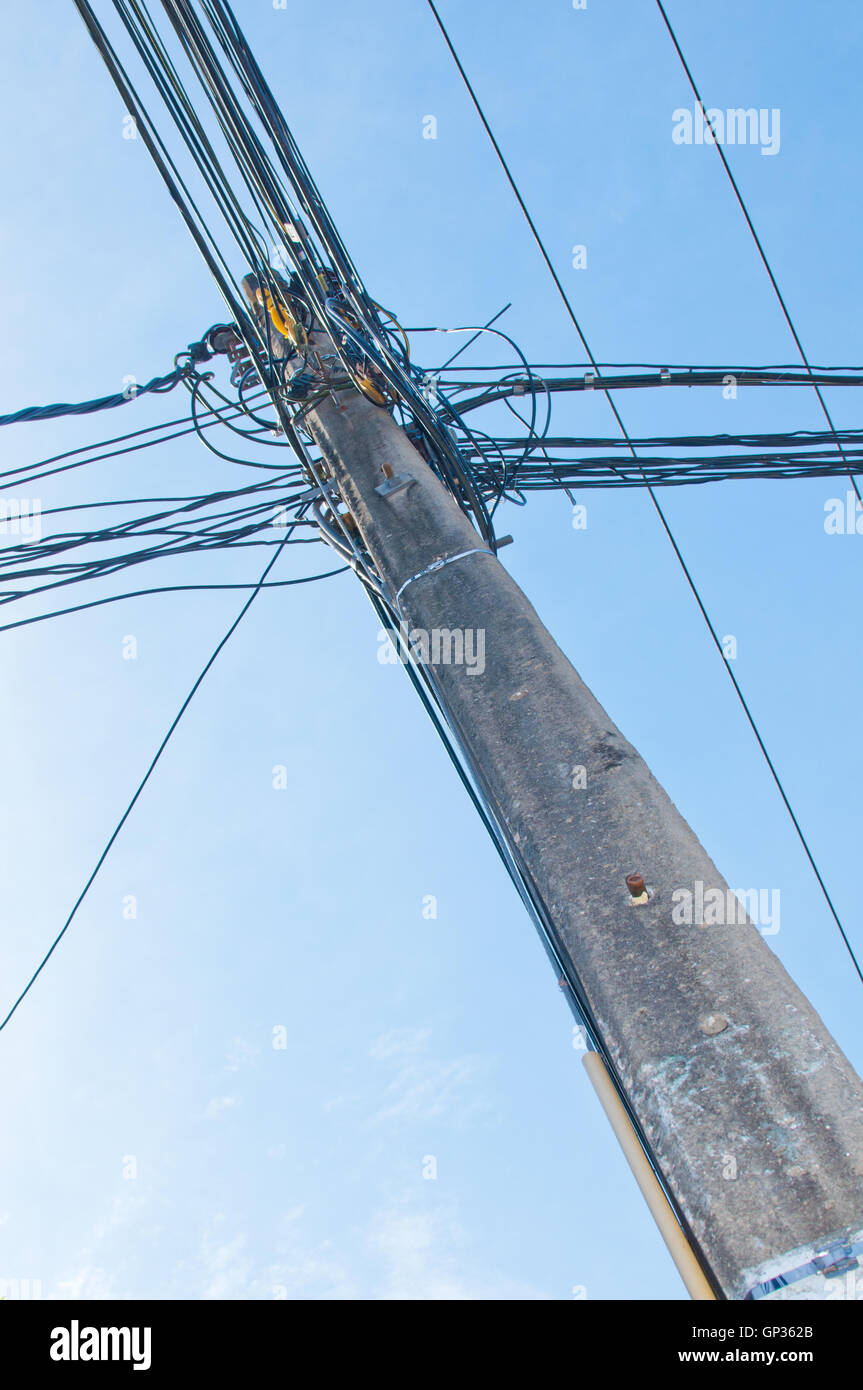 Energy and technology: electrical post by the road with power line ...