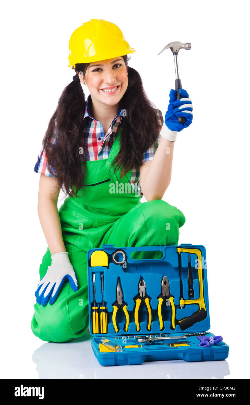 Woman with toolkit on white Stock Photo - Alamy