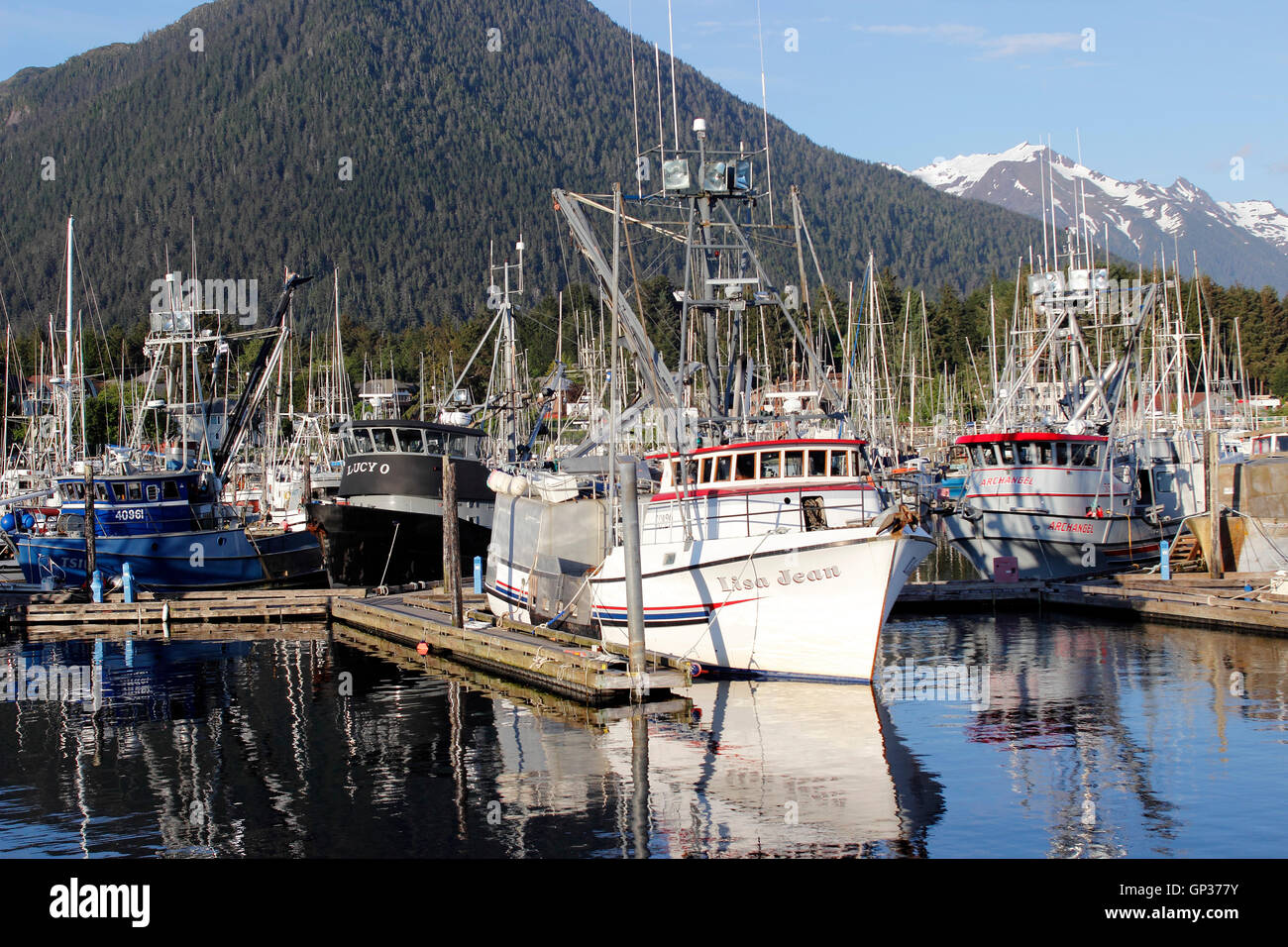 Fishing fleet Crescent Harbor marina mountains Sitka Alaska Inside ...