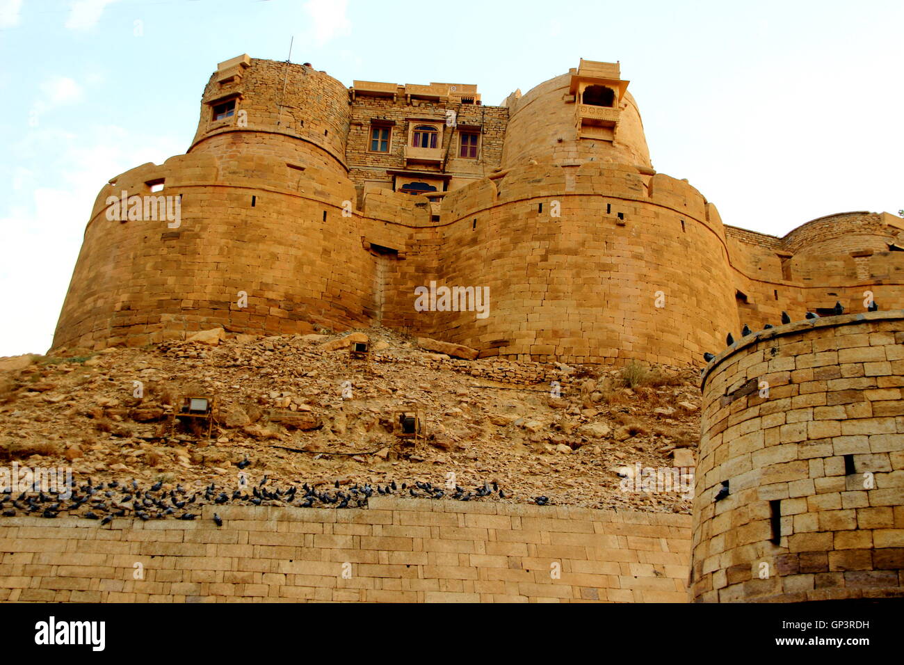 Portion of stone fort on top of hill at Jaisalmer, Rajasthan, India ...