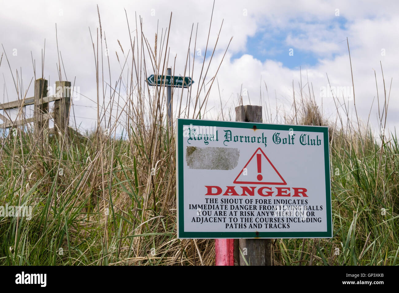 Danger sign warning walkers on footpath entering Royal Dornoch Golf ...