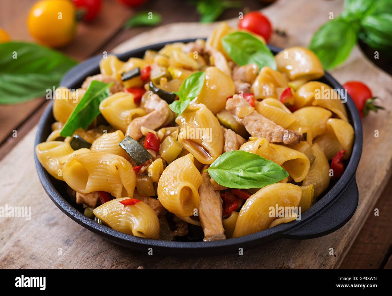 Pasta Gomiti Rigati with meat and vegetables in an Asian style Stock ...
