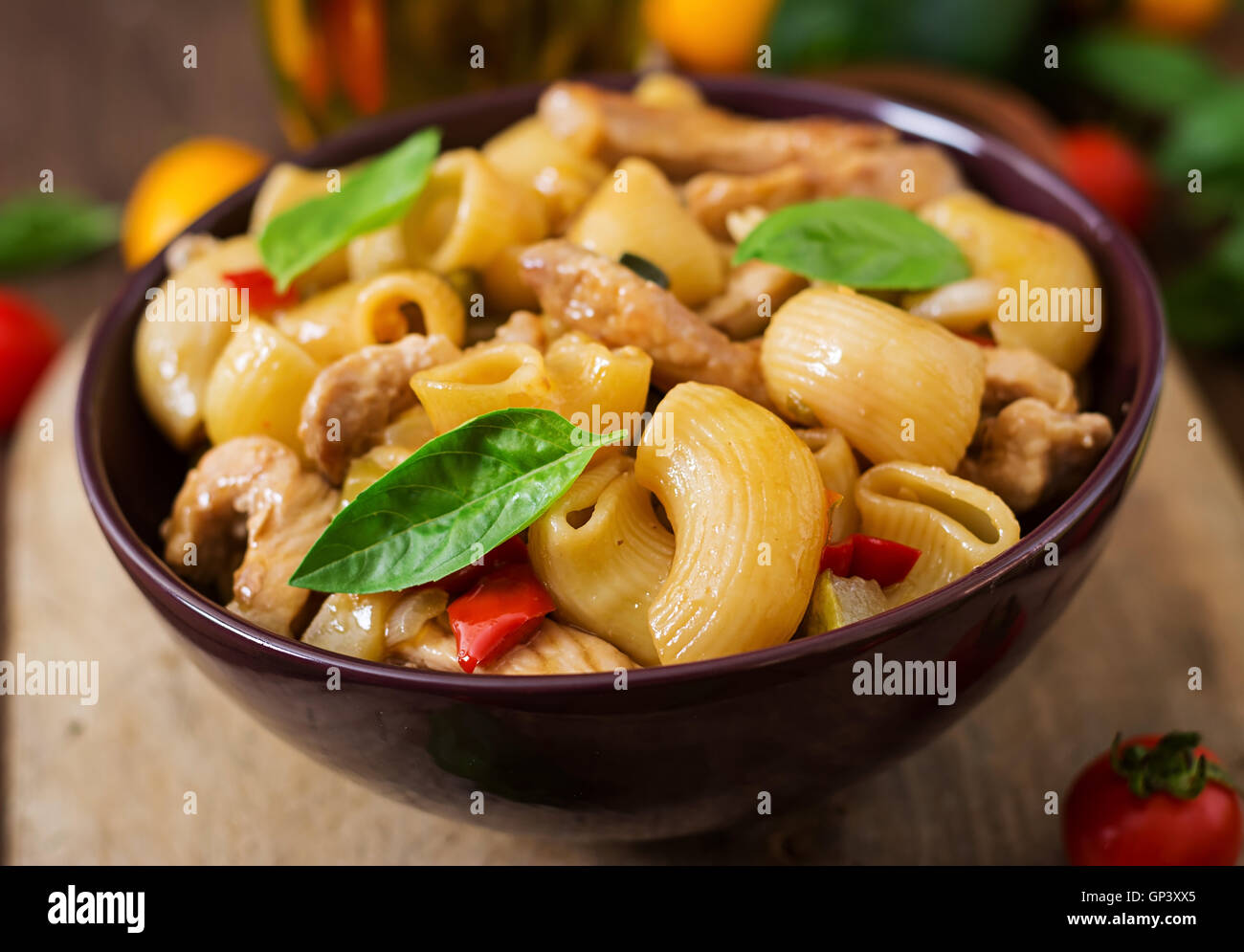 Pasta Gomiti Rigati with meat and vegetables in an Asian style Stock ...