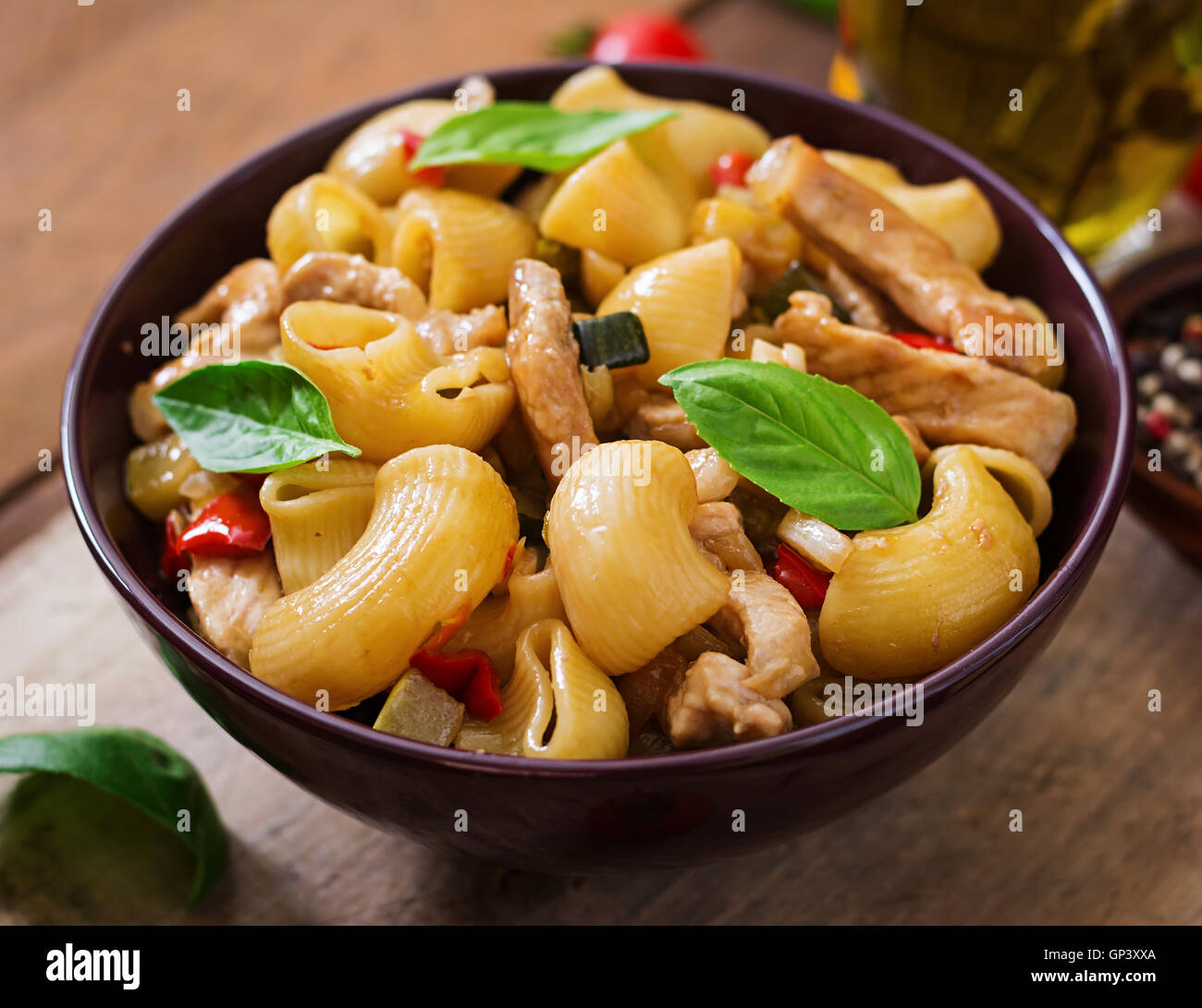 Pasta Gomiti Rigati with meat and vegetables in an Asian style Stock ...