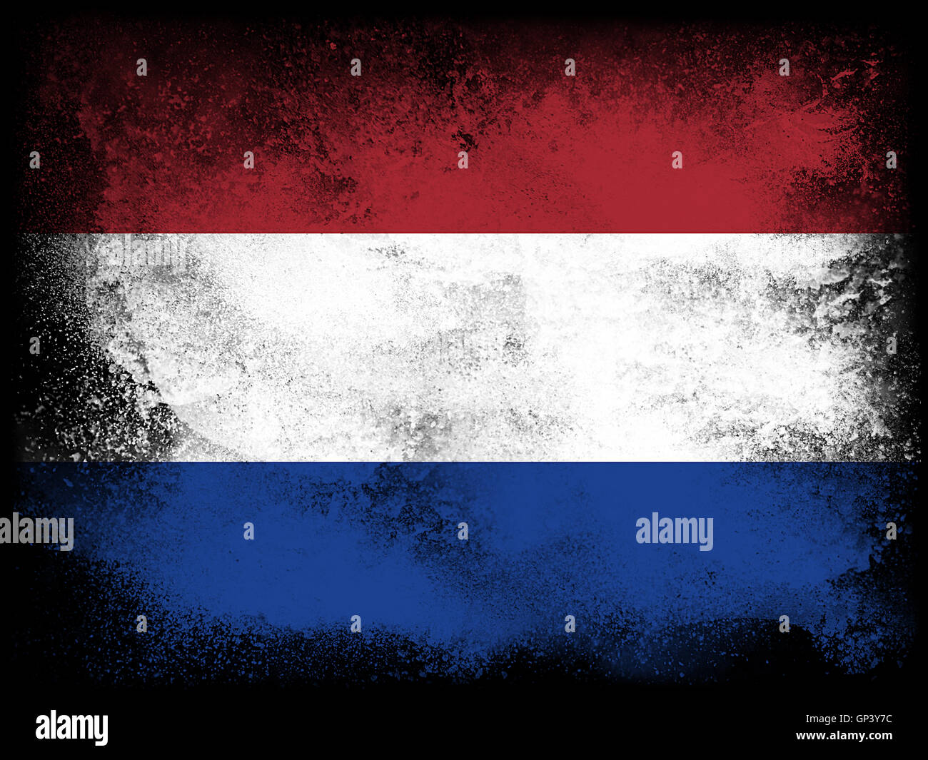 Powder paint exploding in colors of Holland flag isolated on black ...