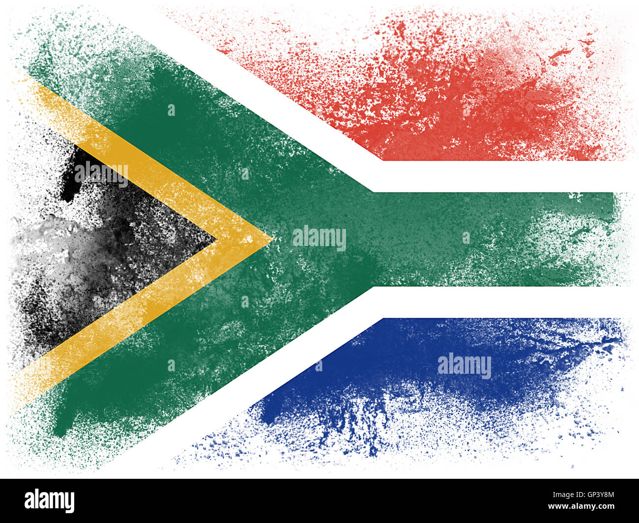 Powder paint exploding in colors of South Africa flag isolated on white ...
