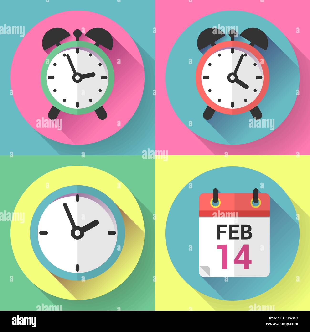 Alarm clock, office clock and calendar with a date of Valentines Day ...