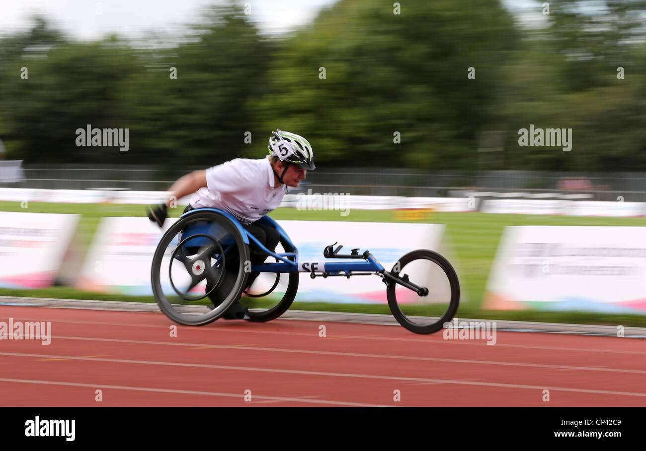 Action from the boys 800m wheelchair race during the Athletics on day ...