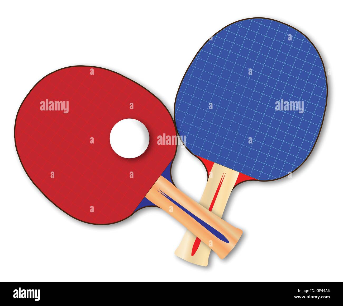 Two table tennis bats or rackets and ball over a white background Stock ...
