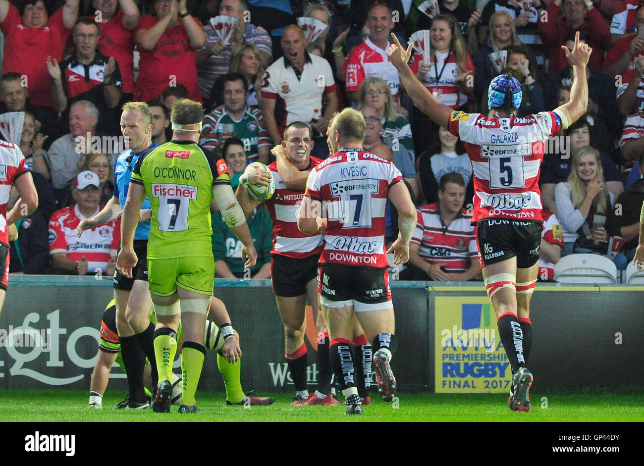 Gloucester Rugby's Matt Scott celebrates his try during the Aviva ...