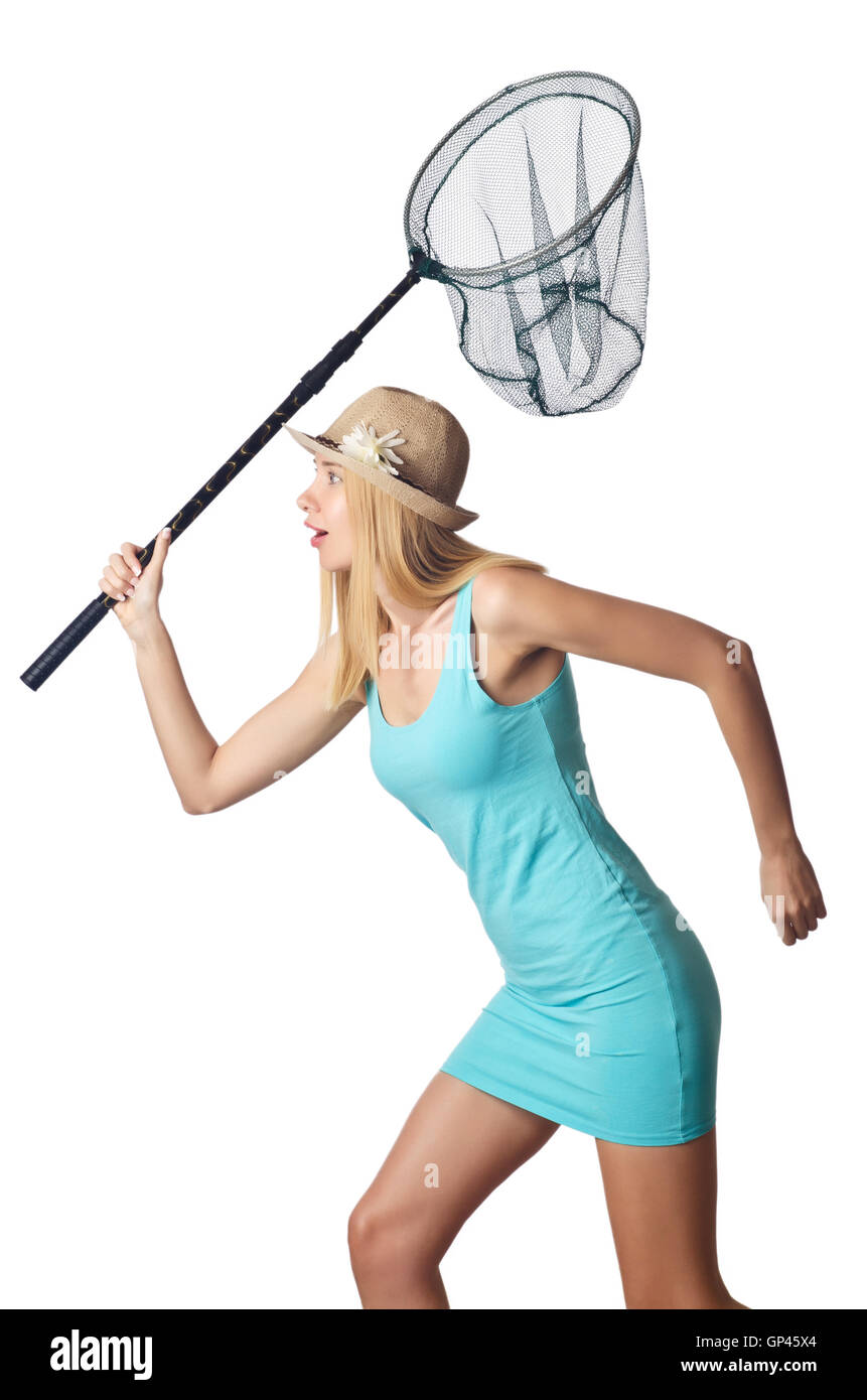 Attractive woman in butterfly catch Stock Photo - Alamy