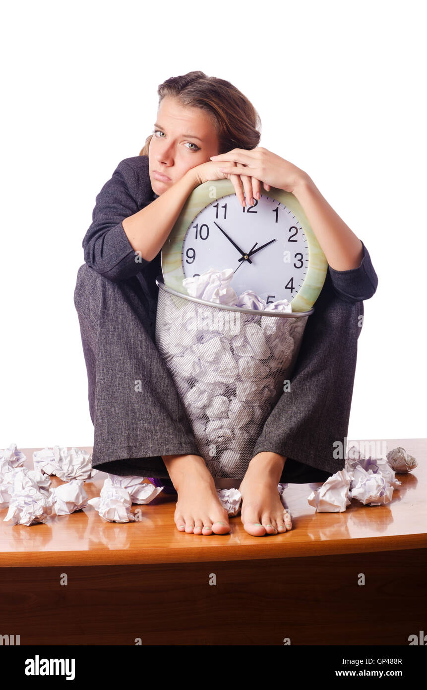 Woman with lots of discarded paper Stock Photo - Alamy