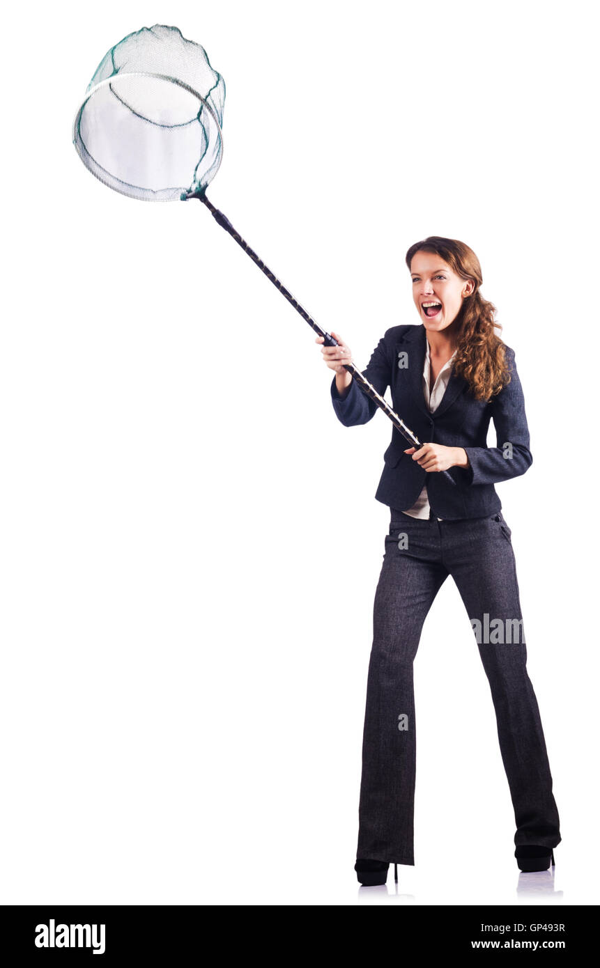 Woman with net isolated on white Stock Photo - Alamy
