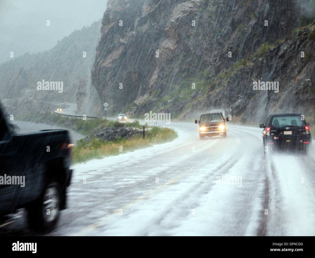 Windshield perspective of a summer hail & rain storm, Big Horn Sheep ...