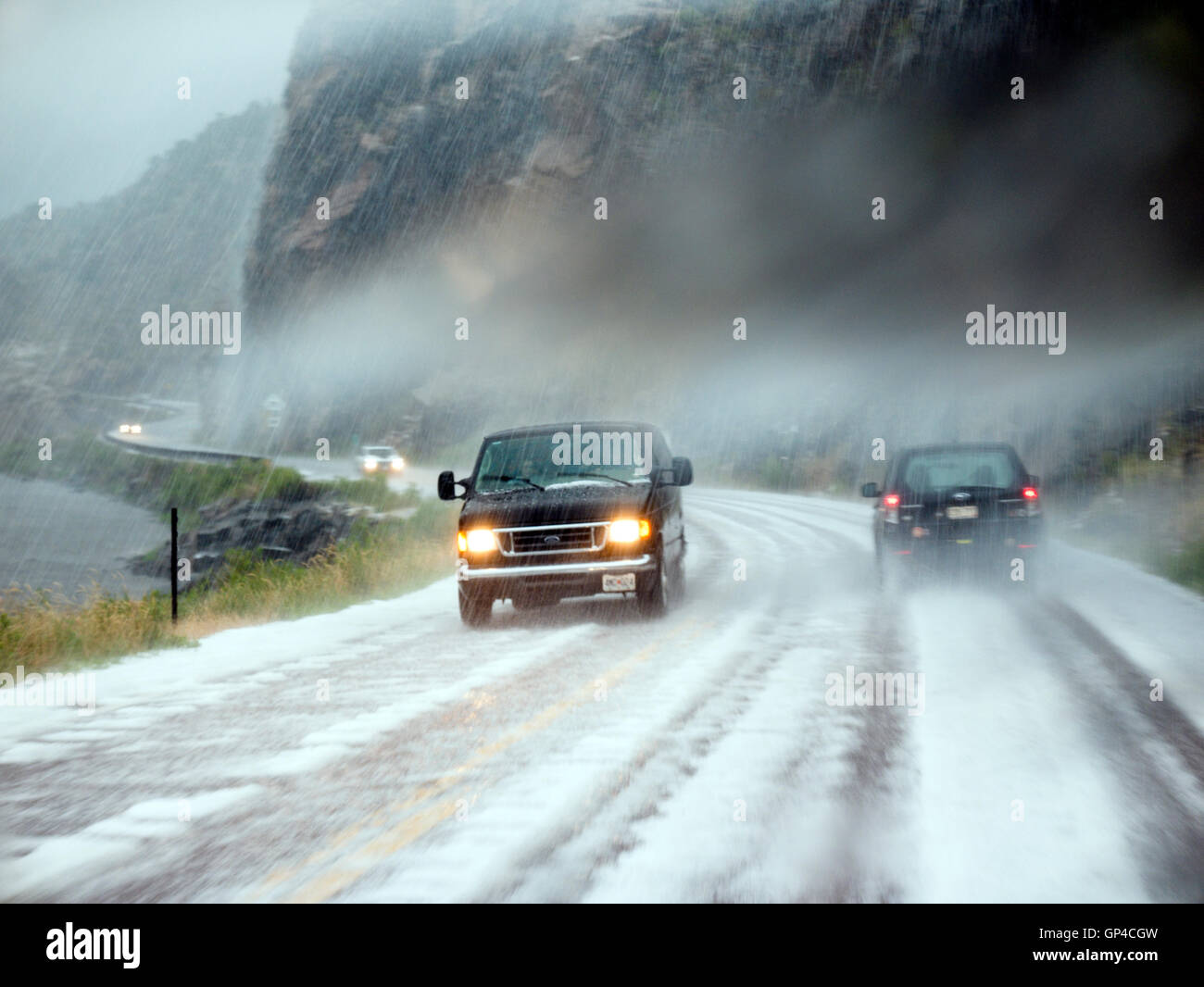 Windshield perspective of a summer hail & rain storm, Big Horn Sheep ...