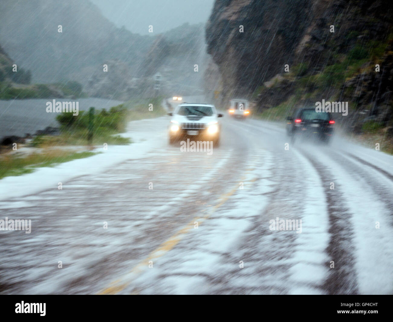 Windshield perspective of a summer hail & rain storm, Big Horn Sheep ...