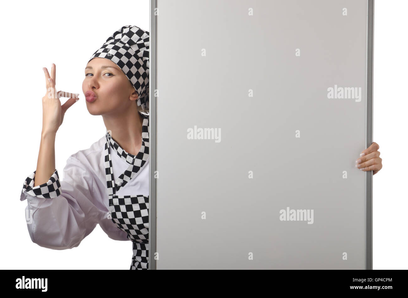 Cook with ladle and blank board Stock Photo - Alamy